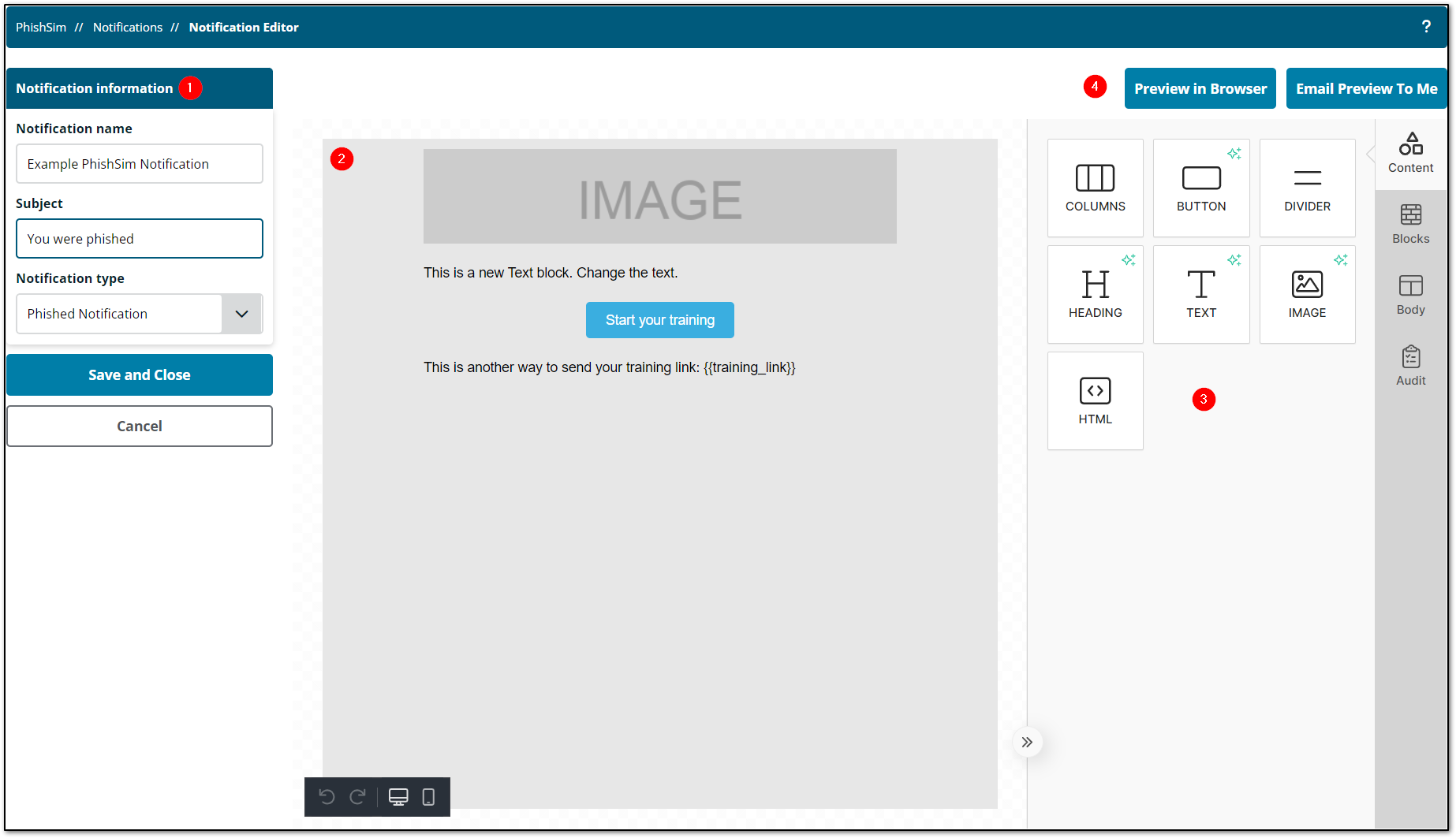PhishSim Notification Editor